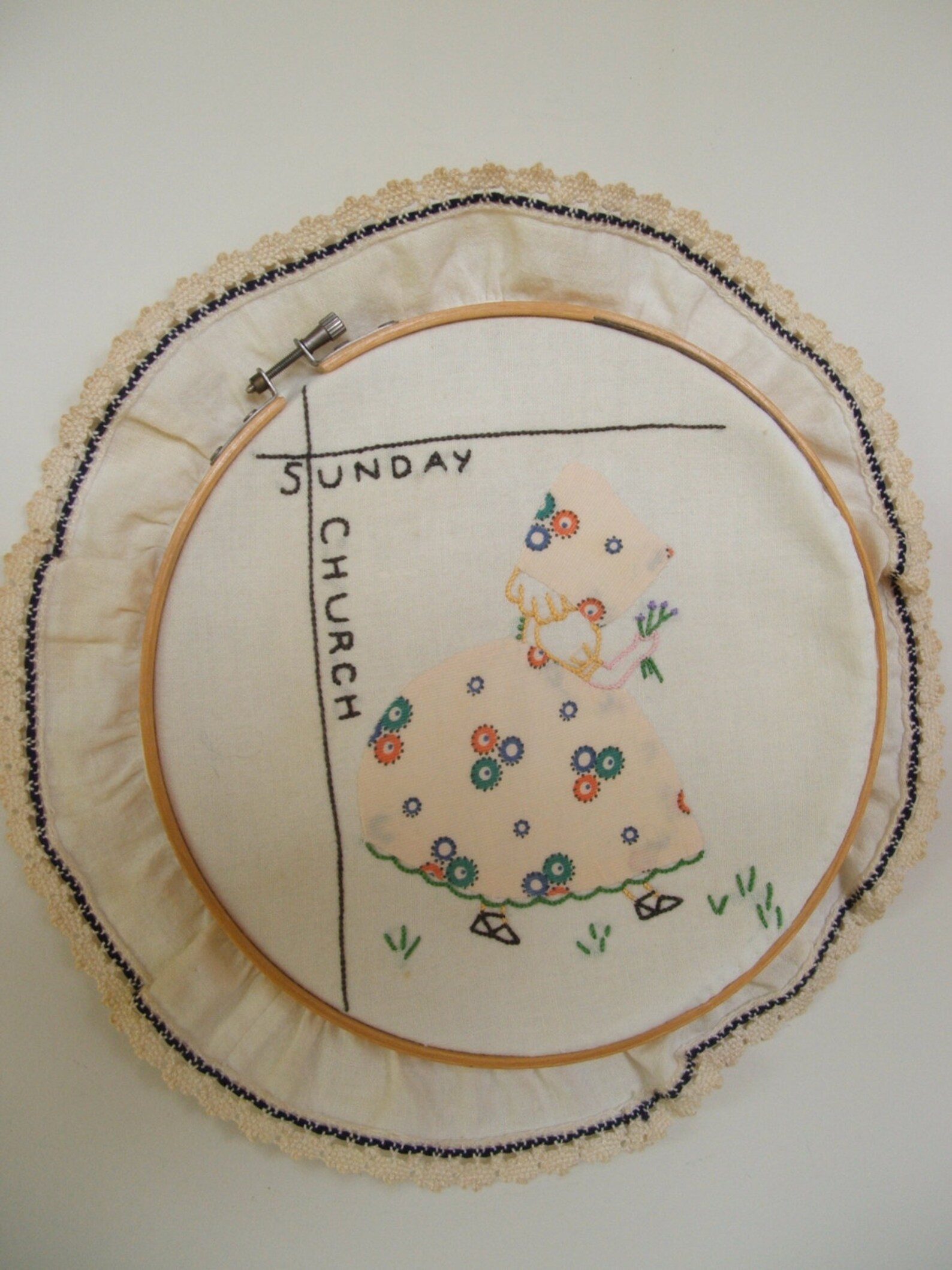 Sunday Church Vintage Embroidery Applique Wall Hanging Bonnet Girl ...