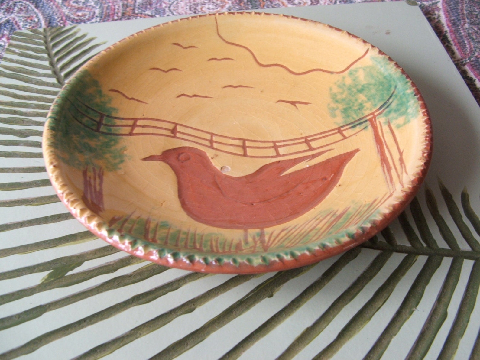 Handmade Vintage Redware Folk Art Plate Bird Trees Fence - Etsy