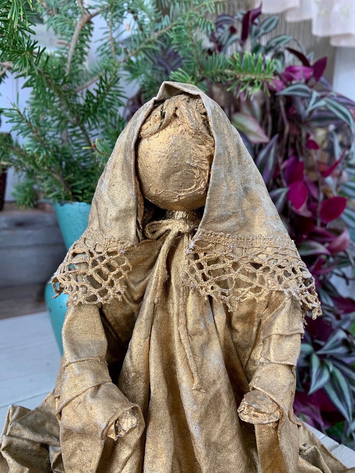 Vintage Handmade Gold Starched Fabric Mary Figurine With Lace - Etsy