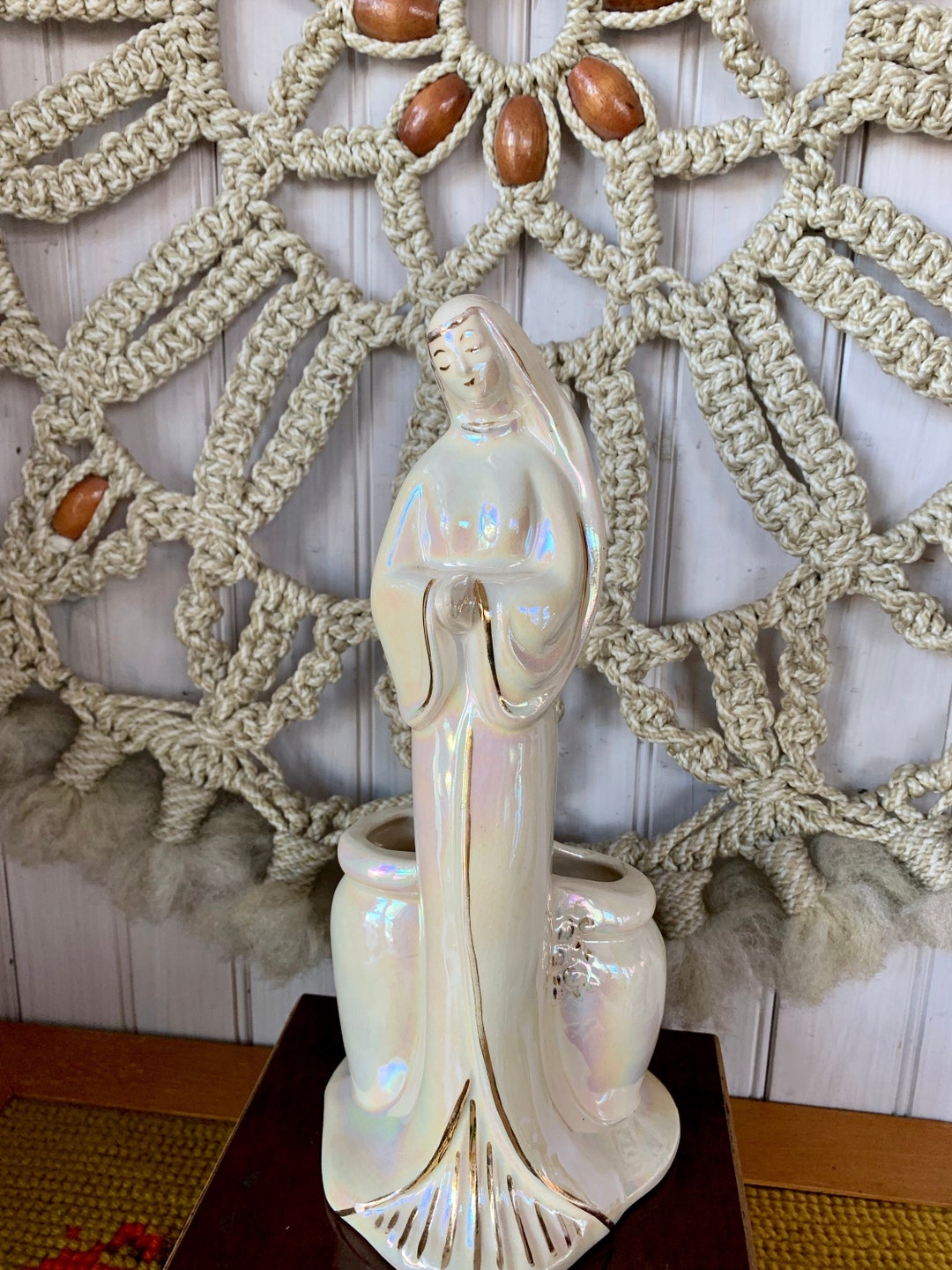 Mid Century Virgin Mary Ceramic Planter Madonna Vase White Luster With ...