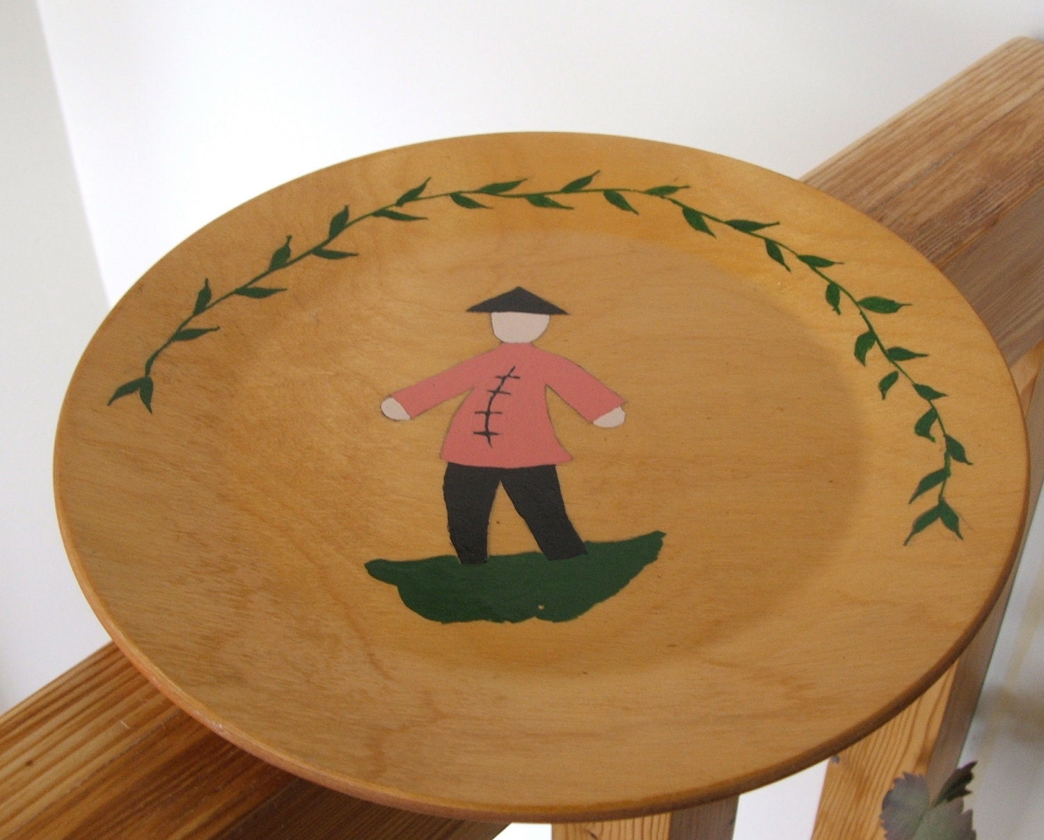 Vintage Painted Wooden Plate With Asian Theme - Etsy