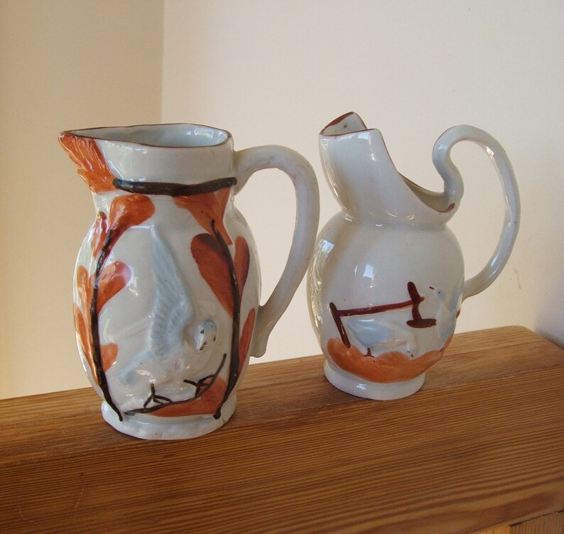 Pair of Antique Majolica Small Pitchers Birds - Etsy