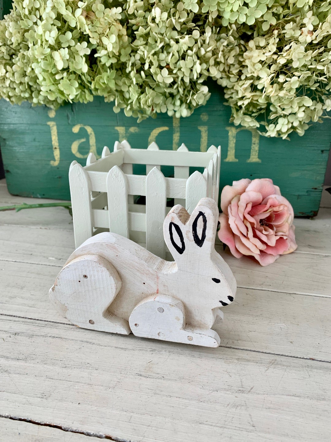 Vintage Handmade Painted Wooden Rabbit Figurine and White Picket Fence ...