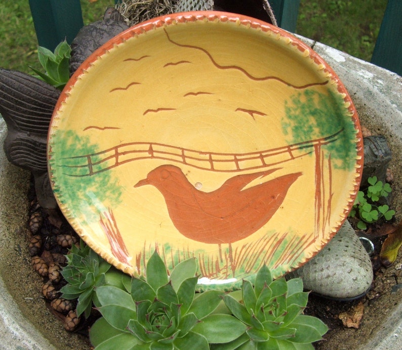Handmade Vintage Redware Folk Art Plate Bird Trees Fence - Etsy