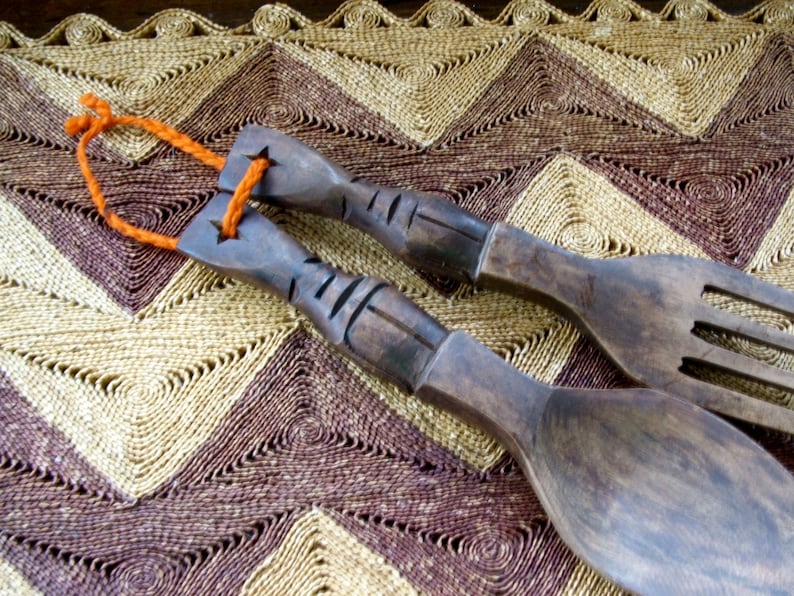 Vintage Wood Hand Carved African Tiki Salad Utensils Fork and - Etsy