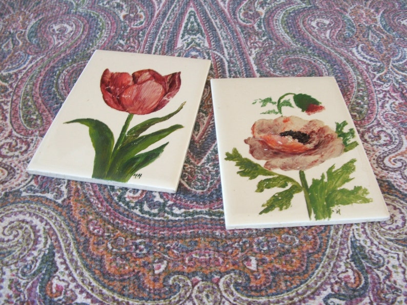 2 Vintage Hand Painted Ceramic Tiles Tulip & Poppy - Etsy