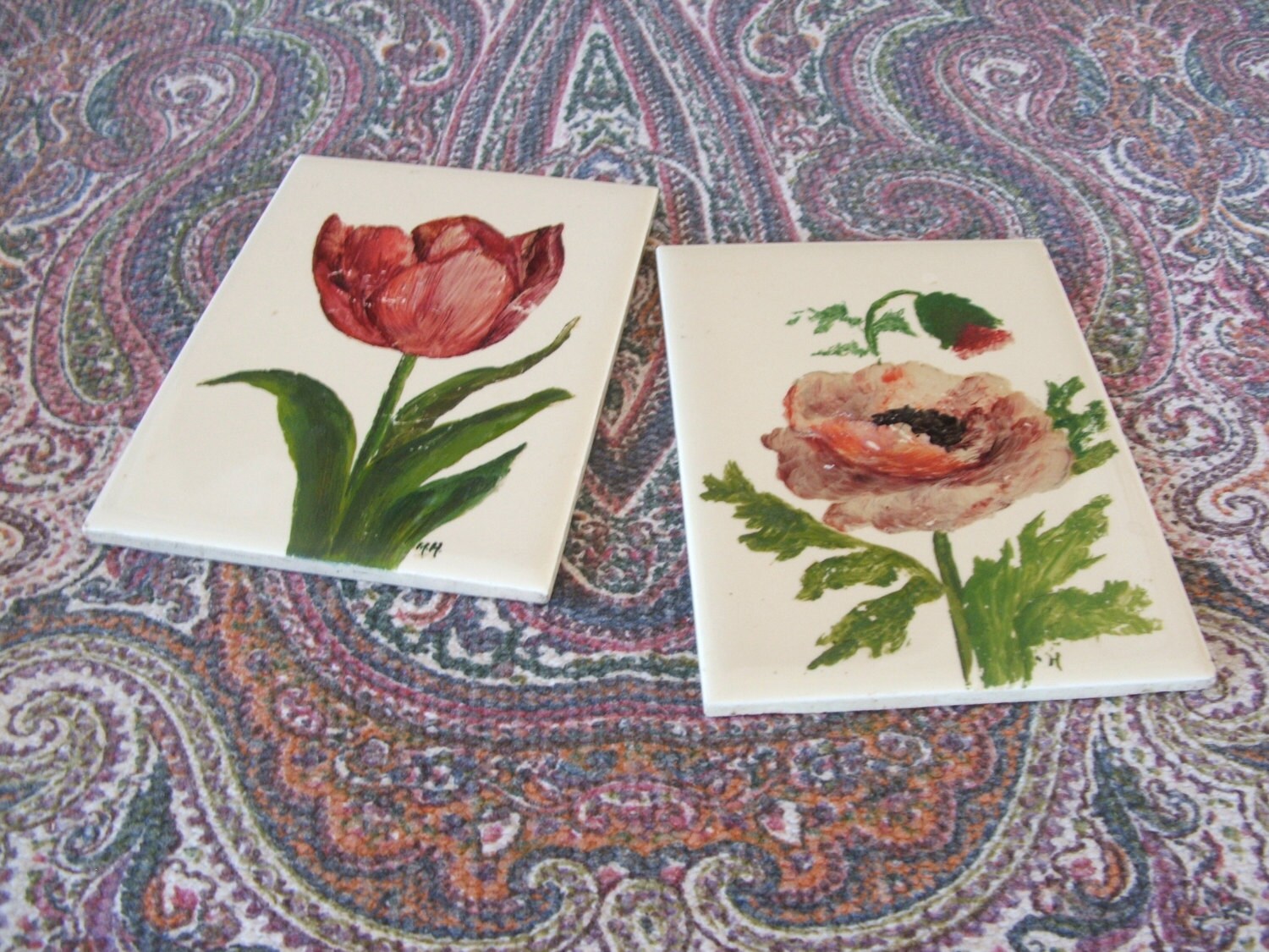 2 Vintage Hand Painted Ceramic Tiles Tulip & Poppy - Etsy