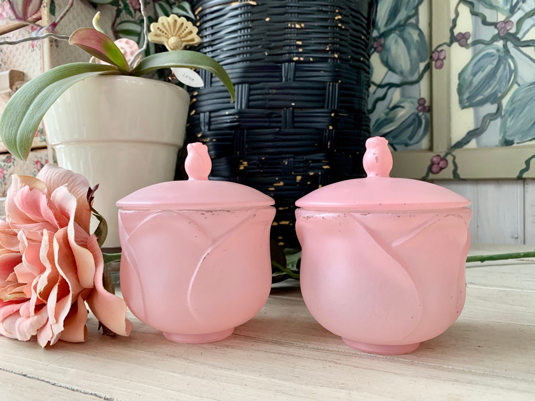 2 Vintage AVON Frosted Pink Rose Petal Glass Vanity Jars With Lids - Etsy
