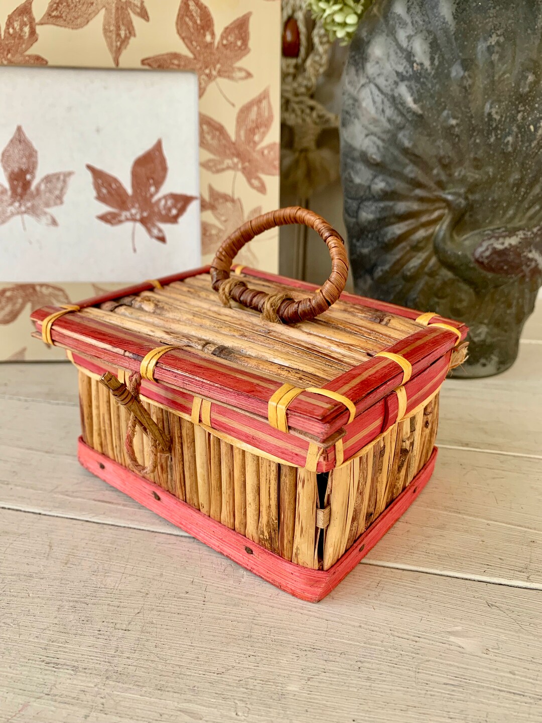 Vintage Natural Bamboo and Reed and Trinket Box With Red Accents - Etsy