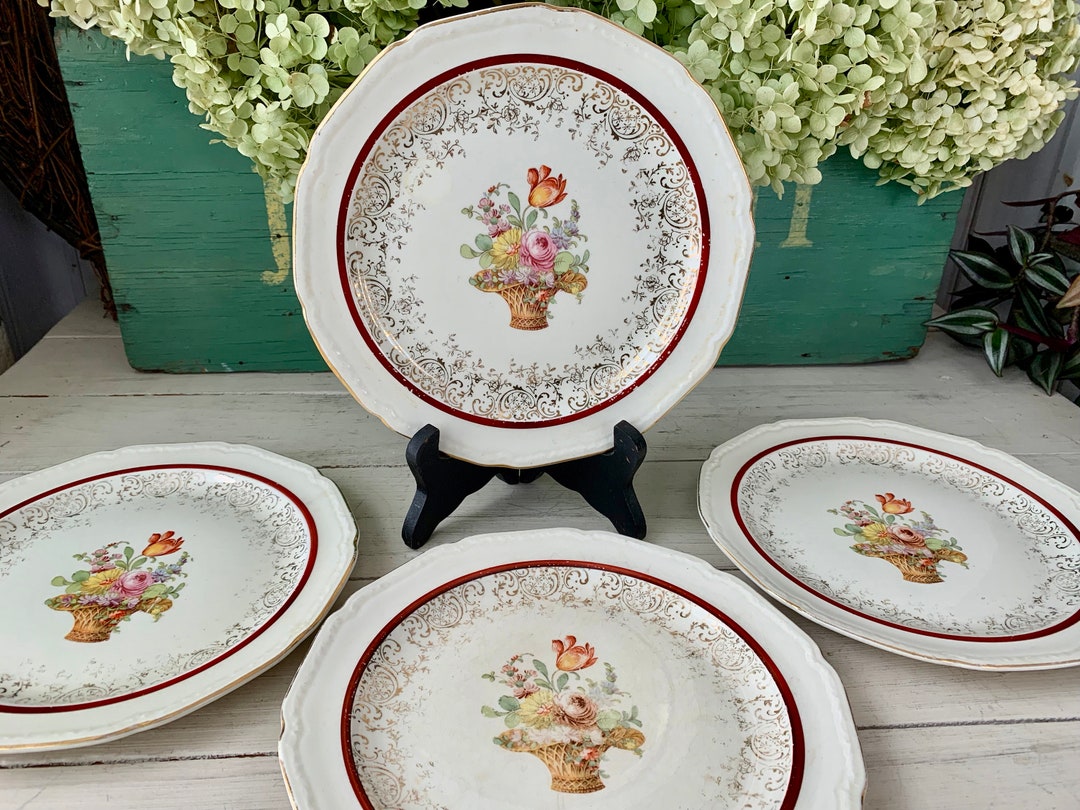 4 Shabby Flower Basket Plates Edwin M Knowles Royal China Union Made in ...