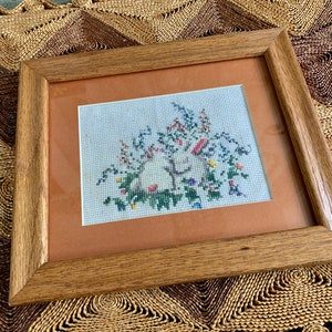 Vintage Rabbit and Flowers Cross Stitch Embroidered Picture ~ Matted ...