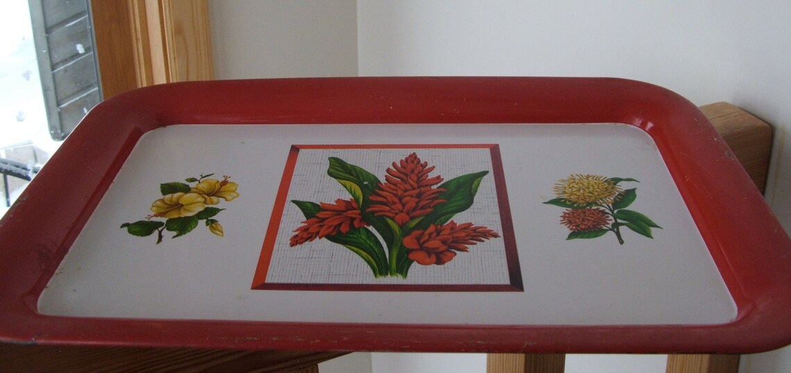 Mid Century Metal Tray With Tropical Flowers - Etsy