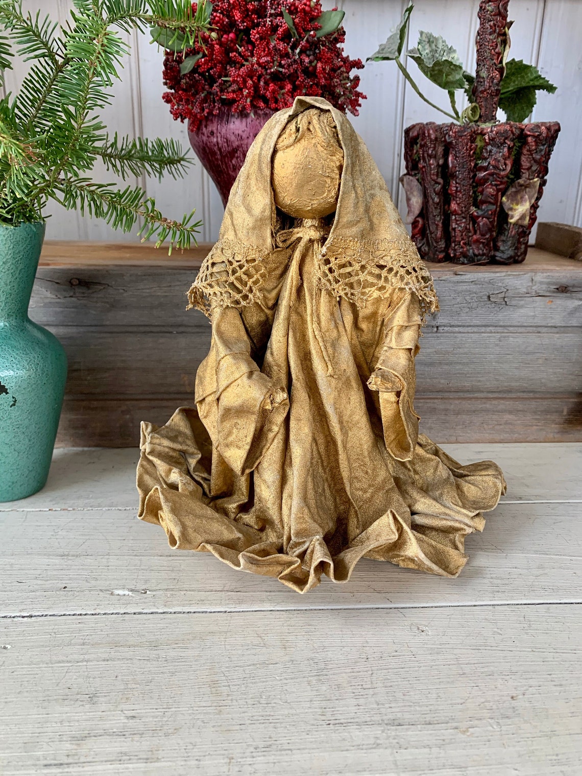 Vintage Handmade Gold Starched Fabric Mary Figurine With Lace - Etsy