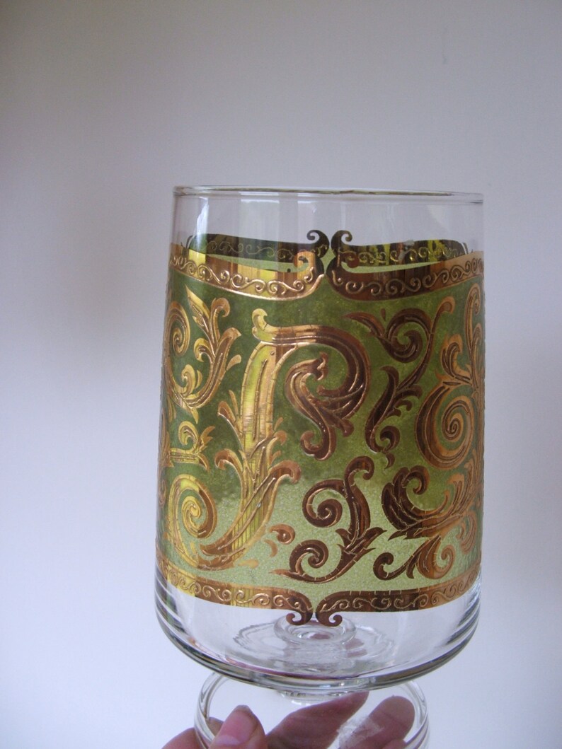 Vintage Decorative Glass Goblet Embossed With Green and Gold - Etsy