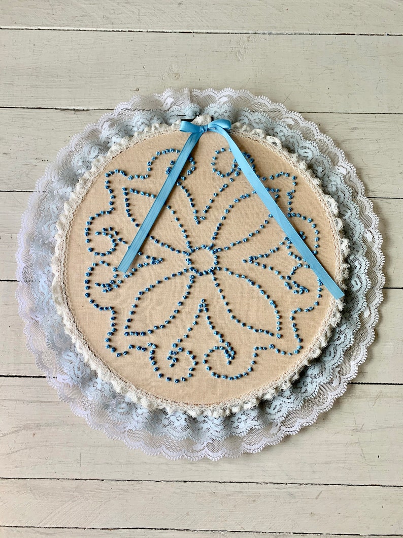 Vintage Blue French Knot Flower Hoop Framed Lace Wall Hanging - Etsy