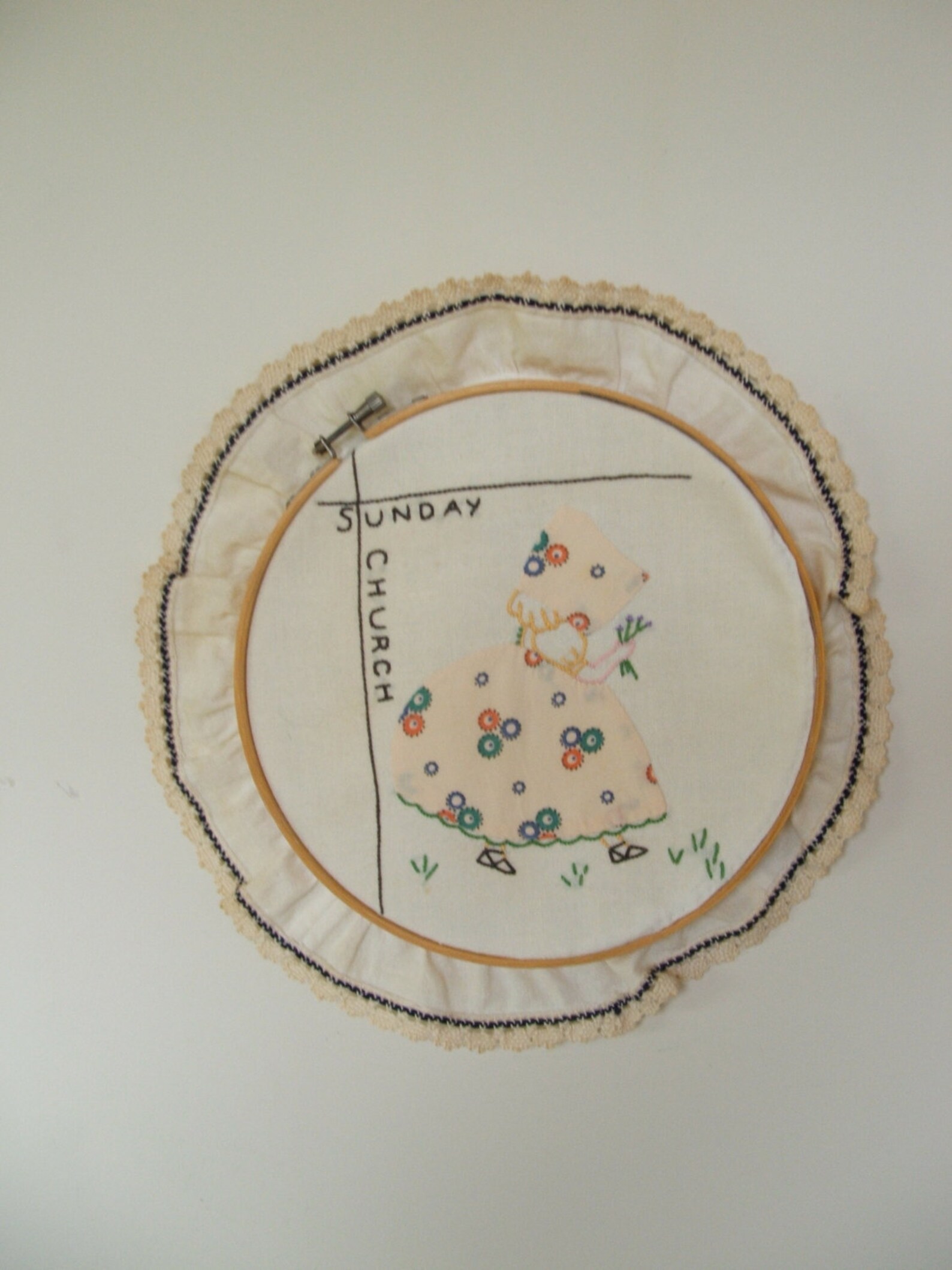 Sunday Church Vintage Embroidery Applique Wall Hanging Bonnet Girl ...