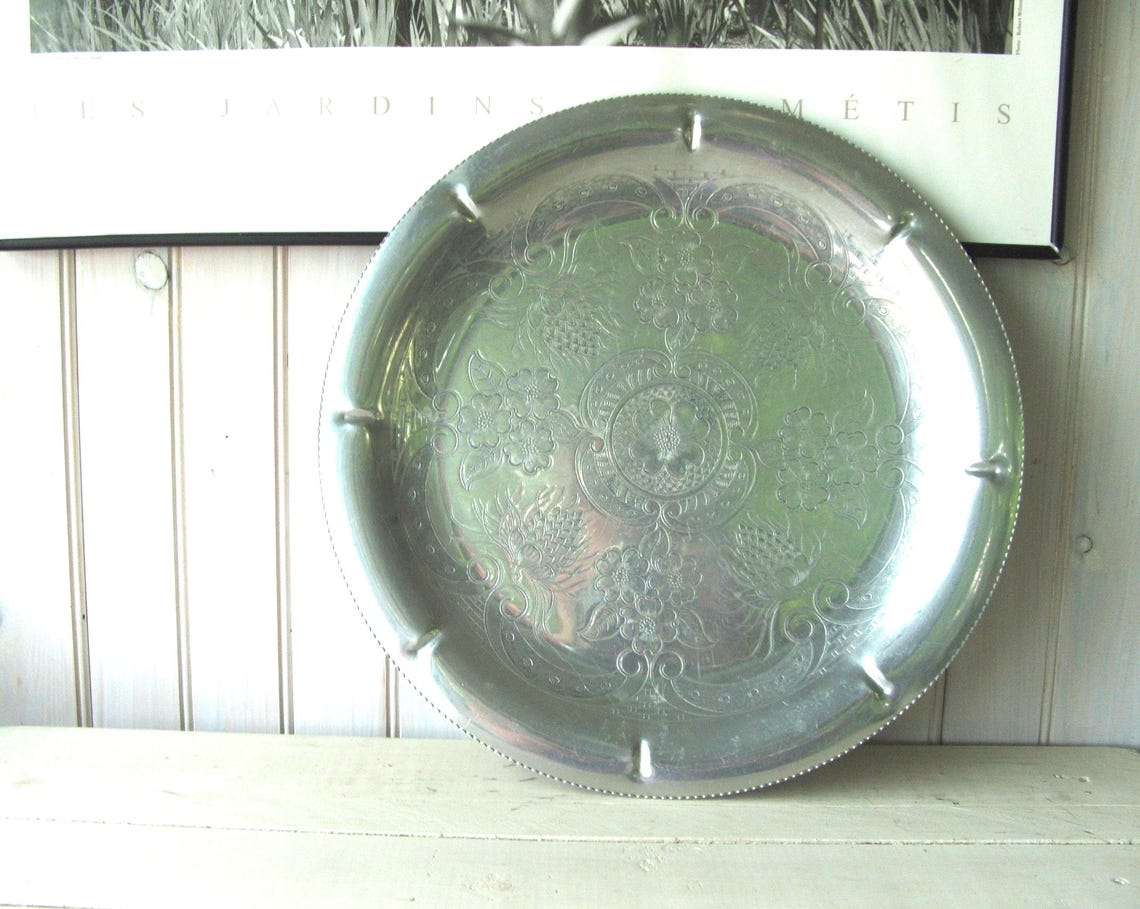 Large Round Aluminum Serving Tray Floral Motif - Etsy