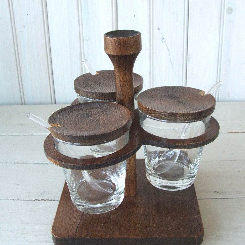 Mid Century Modern Condiment Serving Set Wood and Glass Japan - Etsy