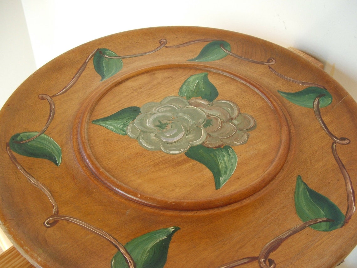 Large Decorative Vintage Painted Wood Platter Green White Botanical ...