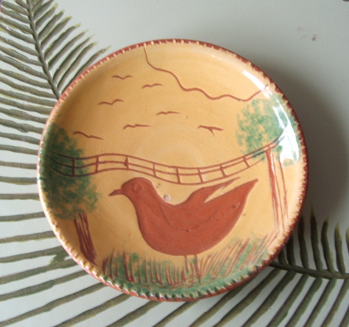 Handmade Vintage Redware Folk Art Plate Bird Trees Fence - Etsy