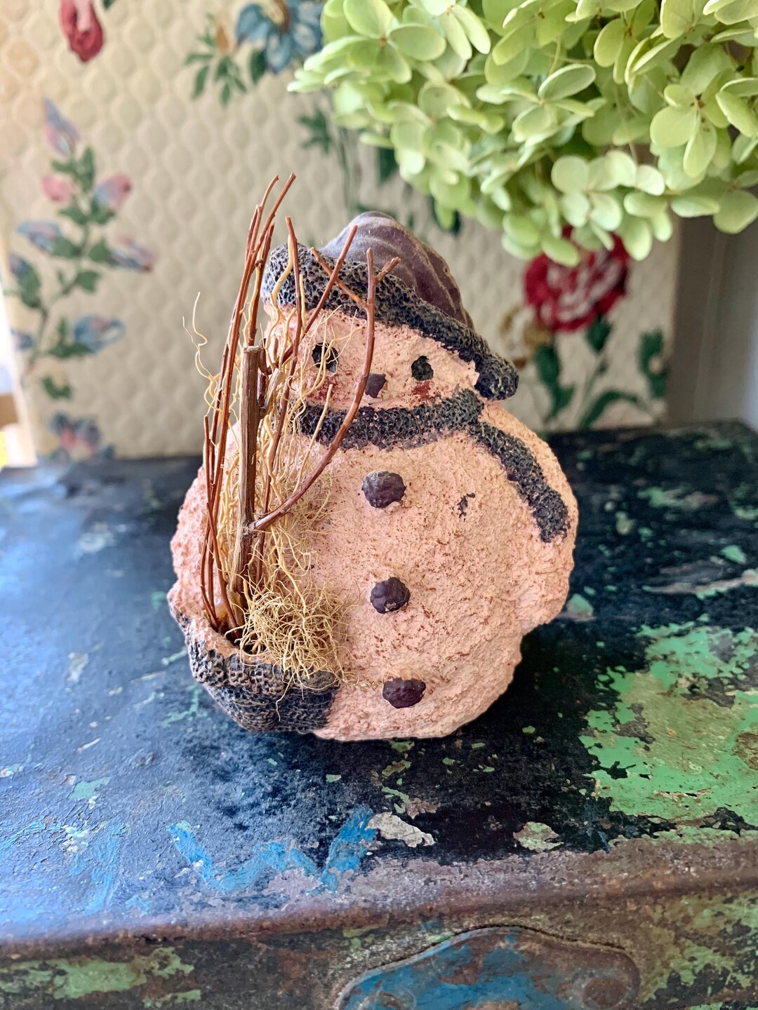 Vintage Resin Snowman Figurine With Natural Twigs and Moss - Etsy