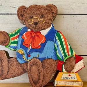Reading Bear Shelf Decor Bookend Fabric Applique on Wood - Etsy