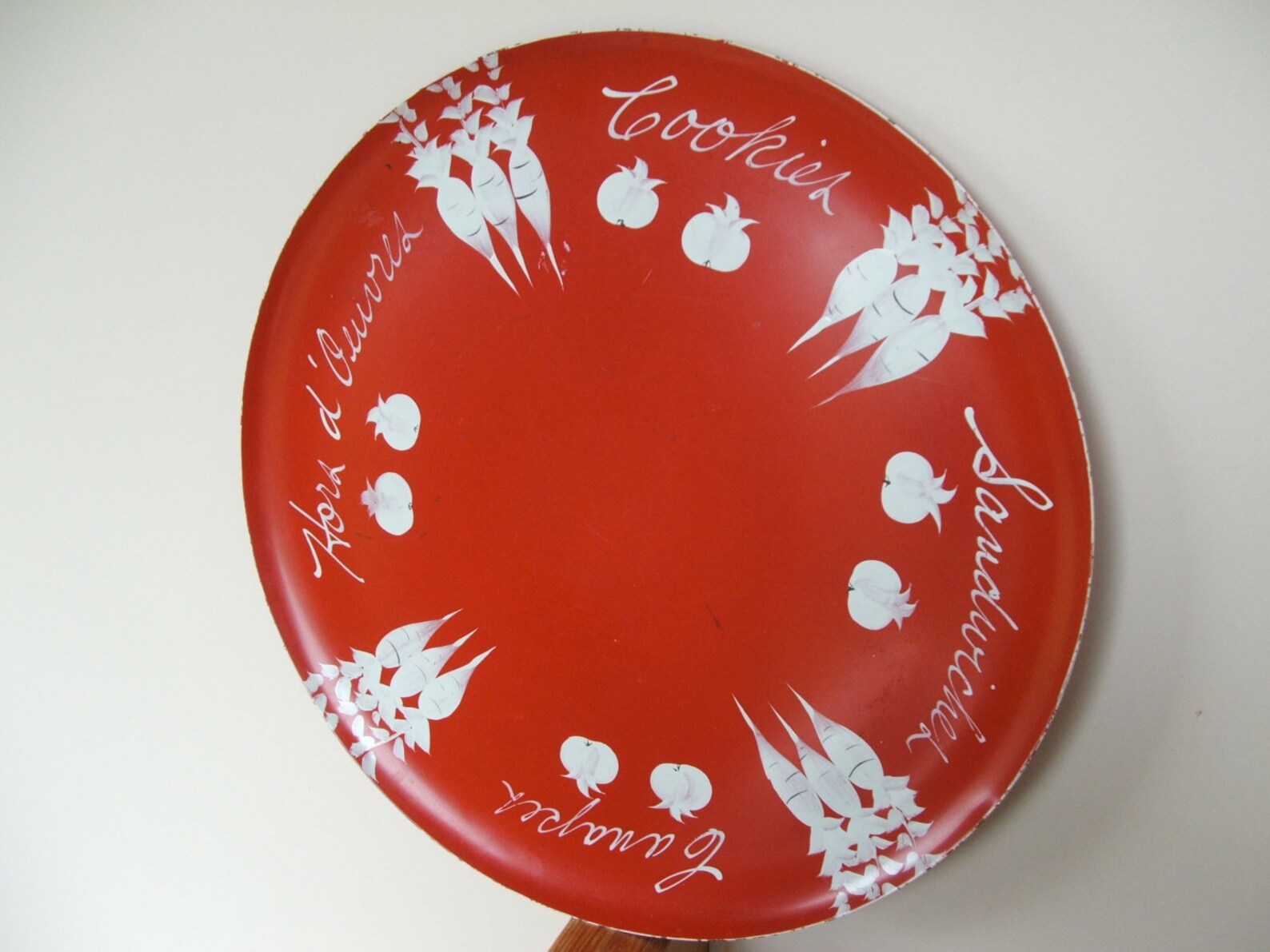 Large Round Serving Tray Red Painted Metal Vegetable Theme - Etsy