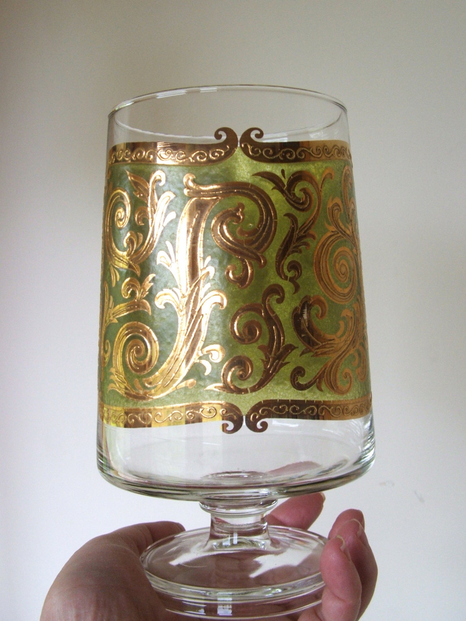 Vintage Decorative Glass Goblet Embossed With Green and Gold - Etsy