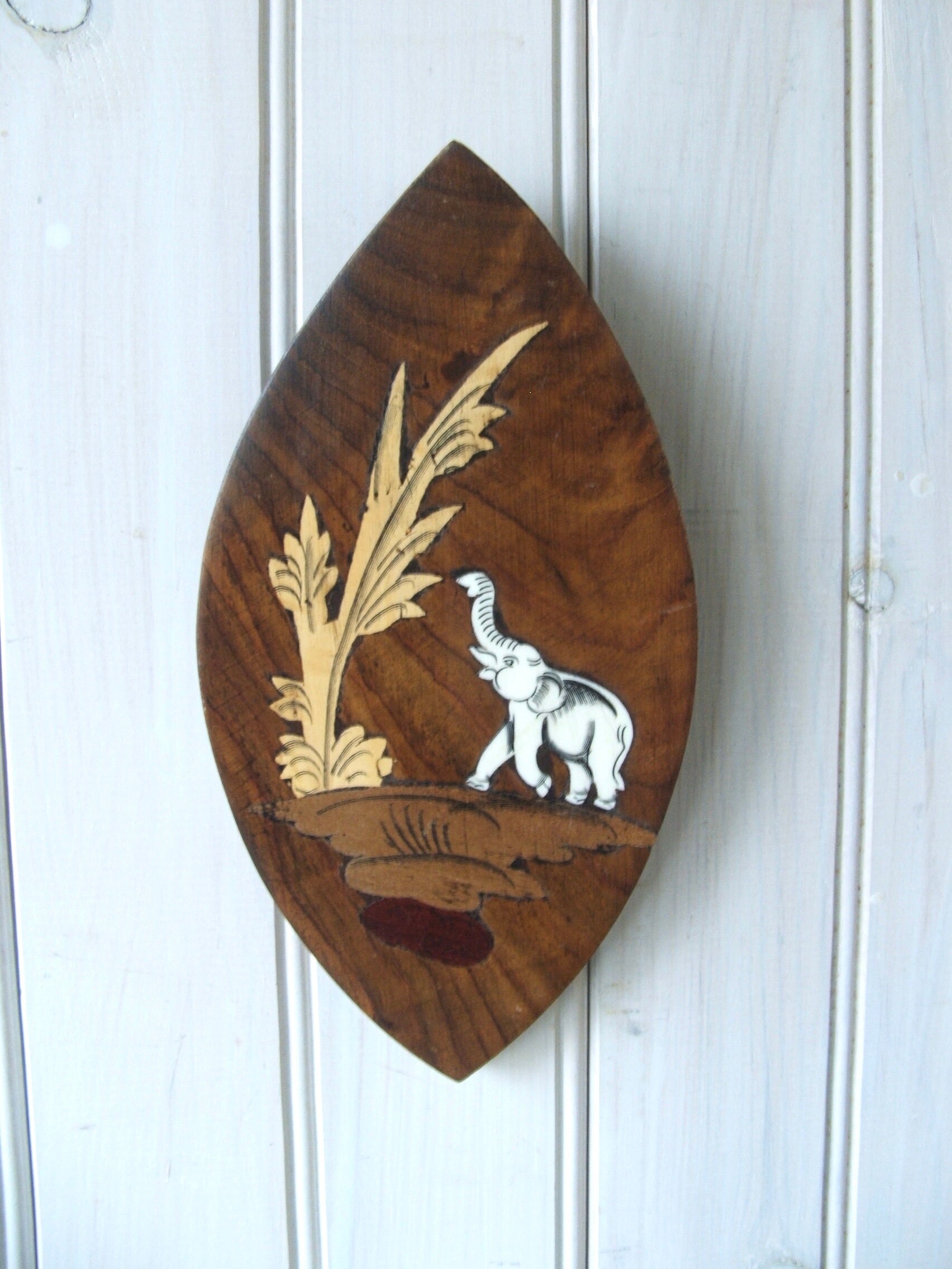 Vintage Wooden Elephant Plaque With Wood and Bone Inlay Good - Etsy UK