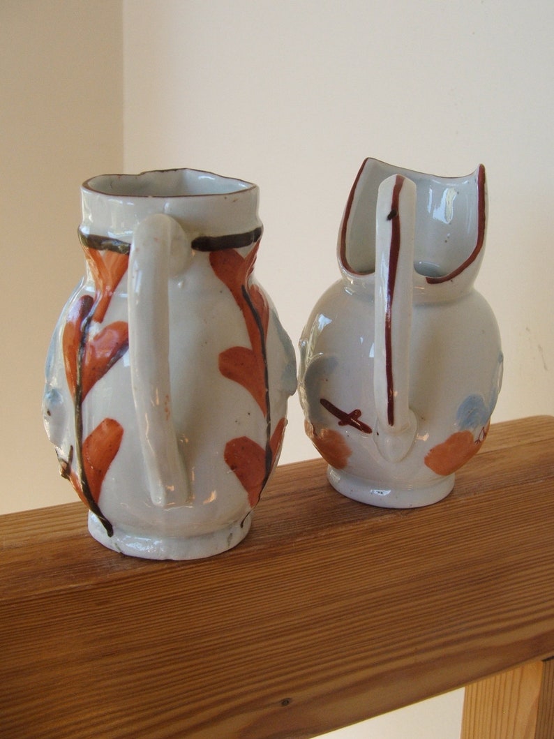 Pair of Antique Majolica Small Pitchers Birds - Etsy