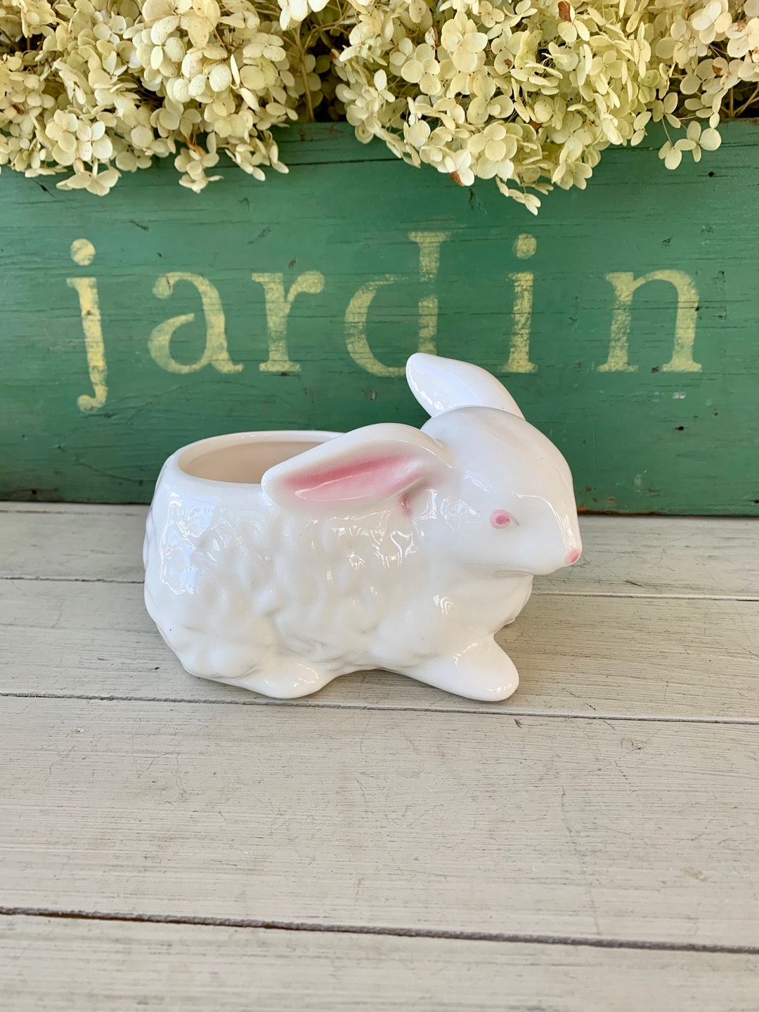 Vintage Ceramic Bunny Rabbit Planter White and Pink - Etsy