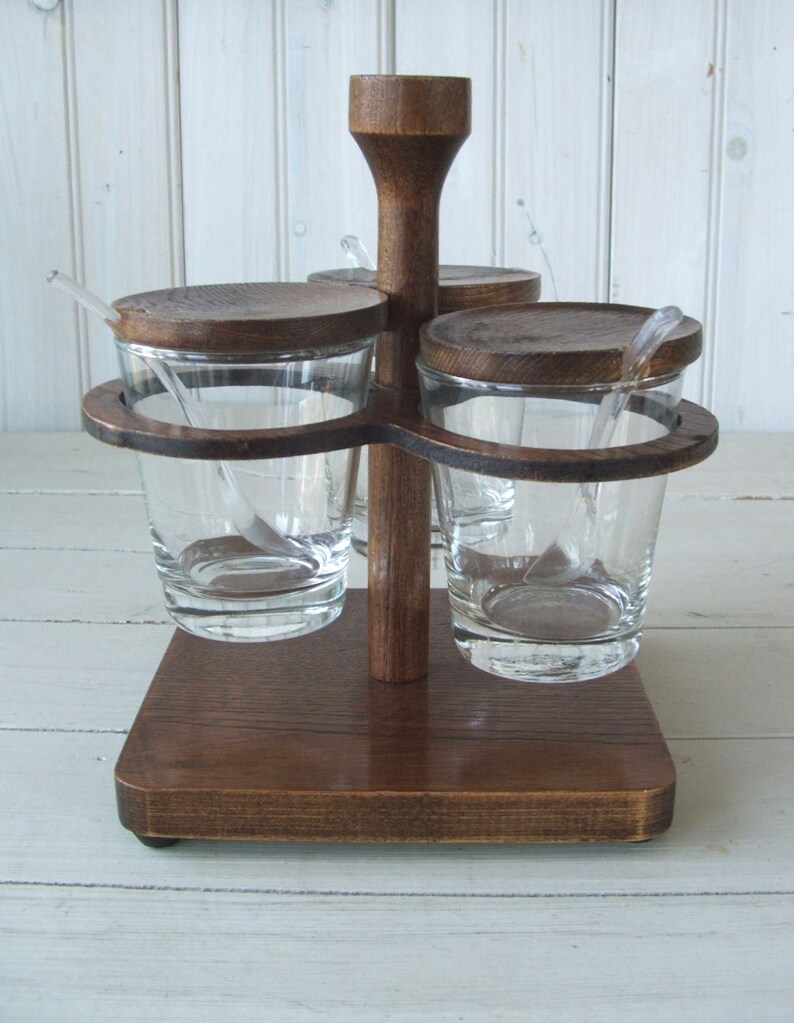 Mid Century Modern Condiment Serving Set Wood and Glass Japan - Etsy