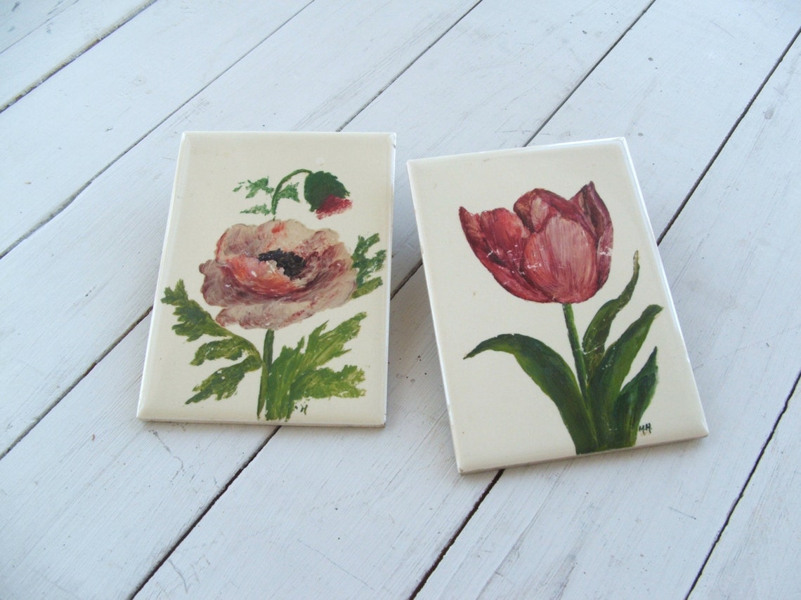 2 Vintage Hand Painted Ceramic Tiles Tulip & Poppy - Etsy