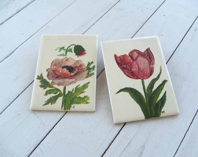 2 Vintage Hand Painted Ceramic Tiles Tulip & Poppy | Etsy