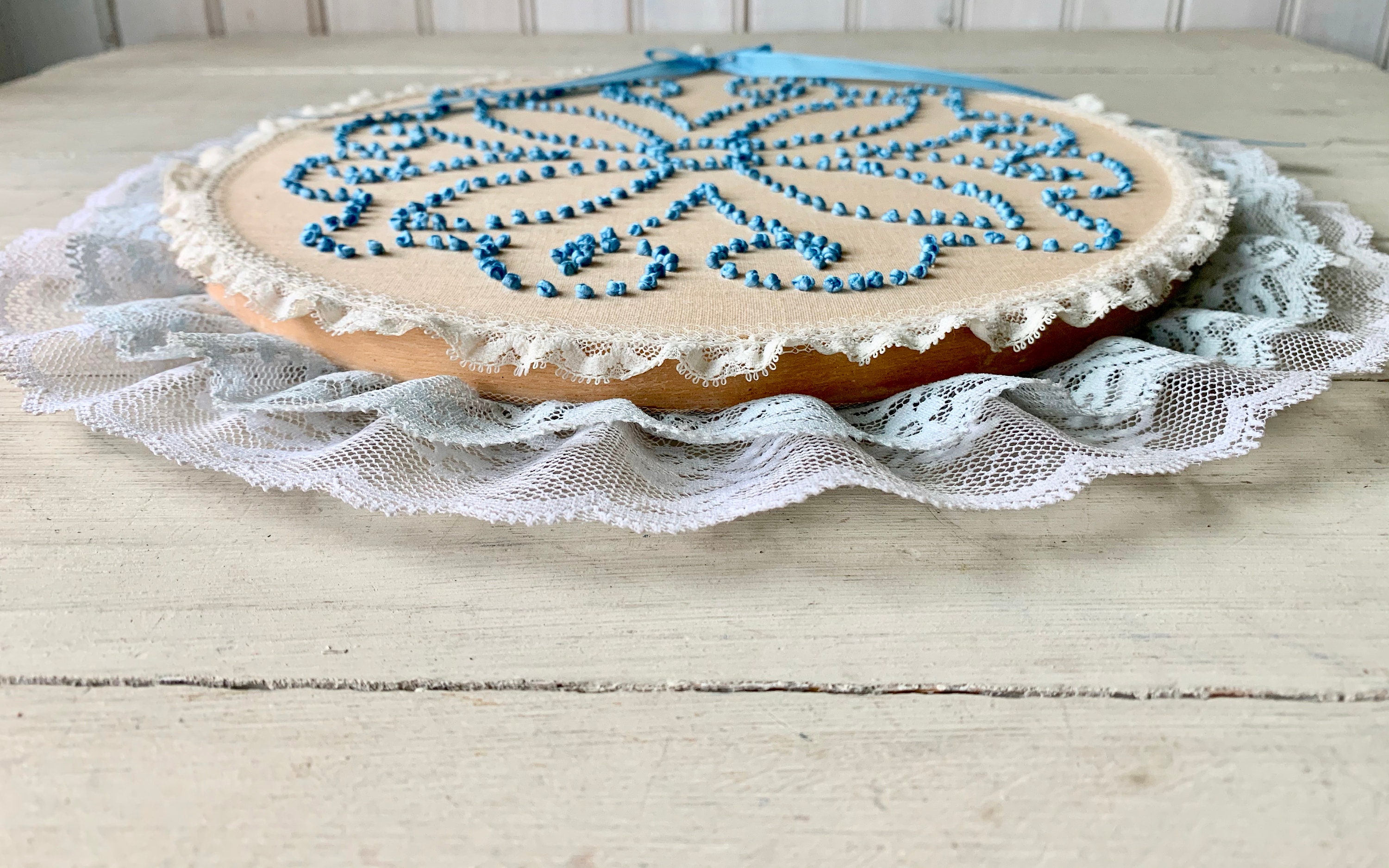 Vintage Blue French Knot Flower Hoop Framed Lace Wall Hanging - Etsy