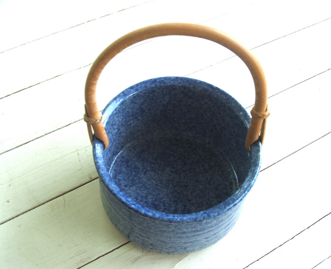 Vintage Handmade Sponge Painted Pottery Basket With Bamboo Handle ...