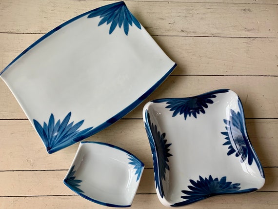 3 Piece Blue and White Japanese Ceramic Sushi Serving Set | Etsy