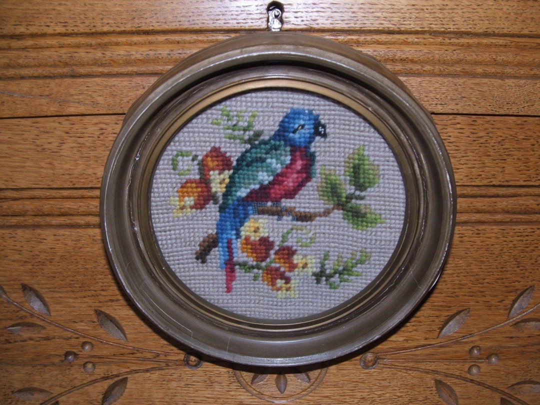Antique Needlepoint Bird in Round Frame - Etsy
