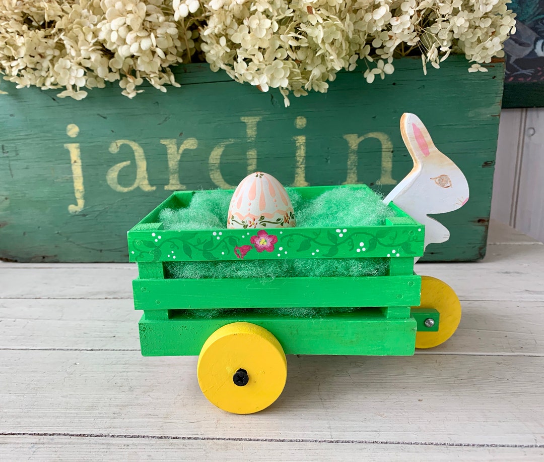 Rabbit With Wagon Handmade Painted Wooden Easter Bunny and Egg Decor - Etsy