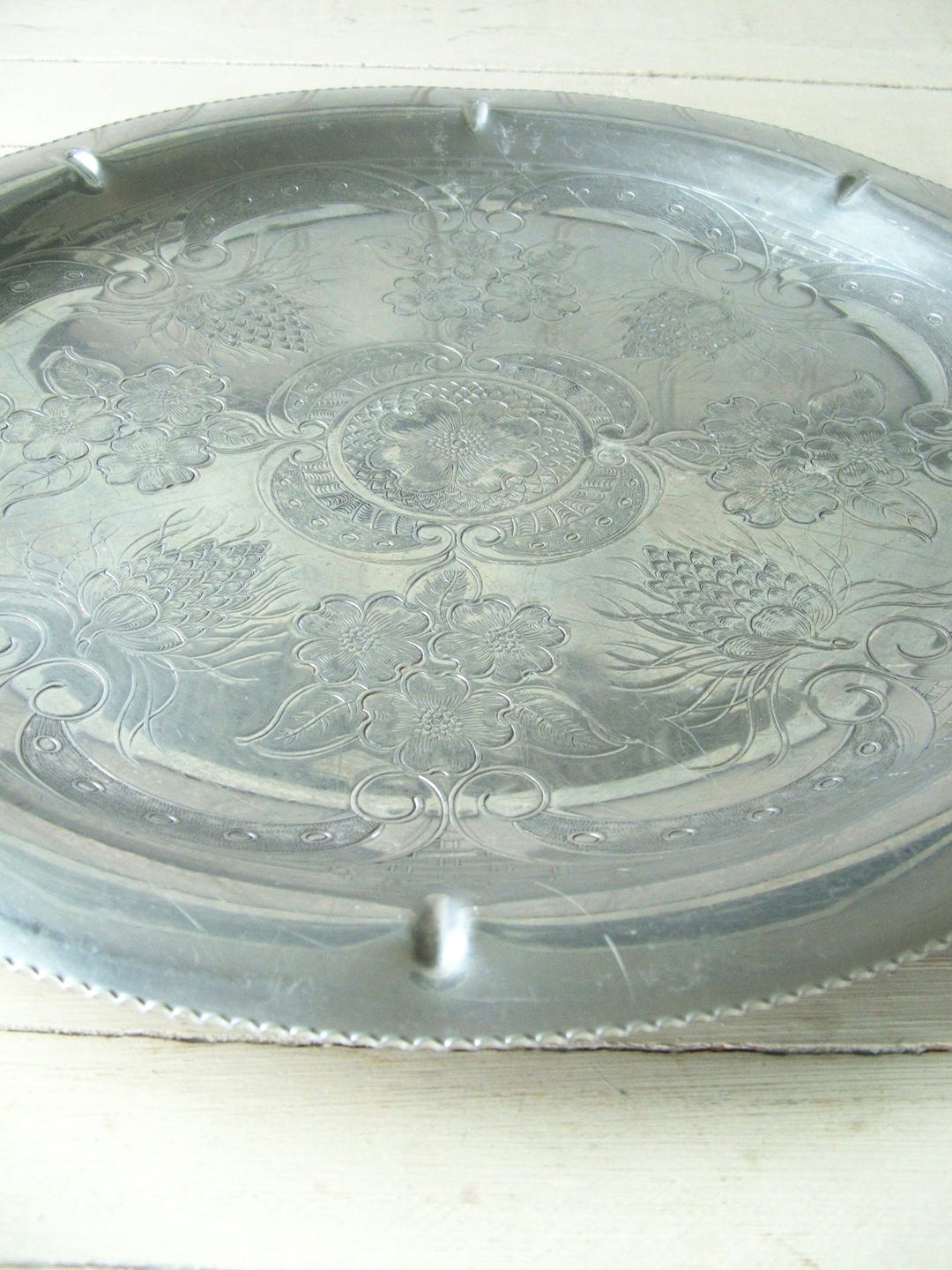 Large Round Aluminum Serving Tray Floral Motif - Etsy
