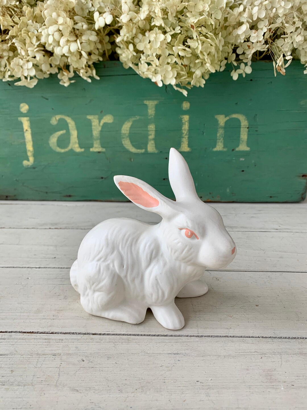 Vintage Ceramic Bunny Rabbit Figurine White and Coral Pink - Etsy