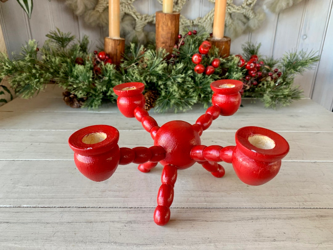 Vintage Red Wooden Candelabra Scandinavian Christmas Candleholder - Etsy