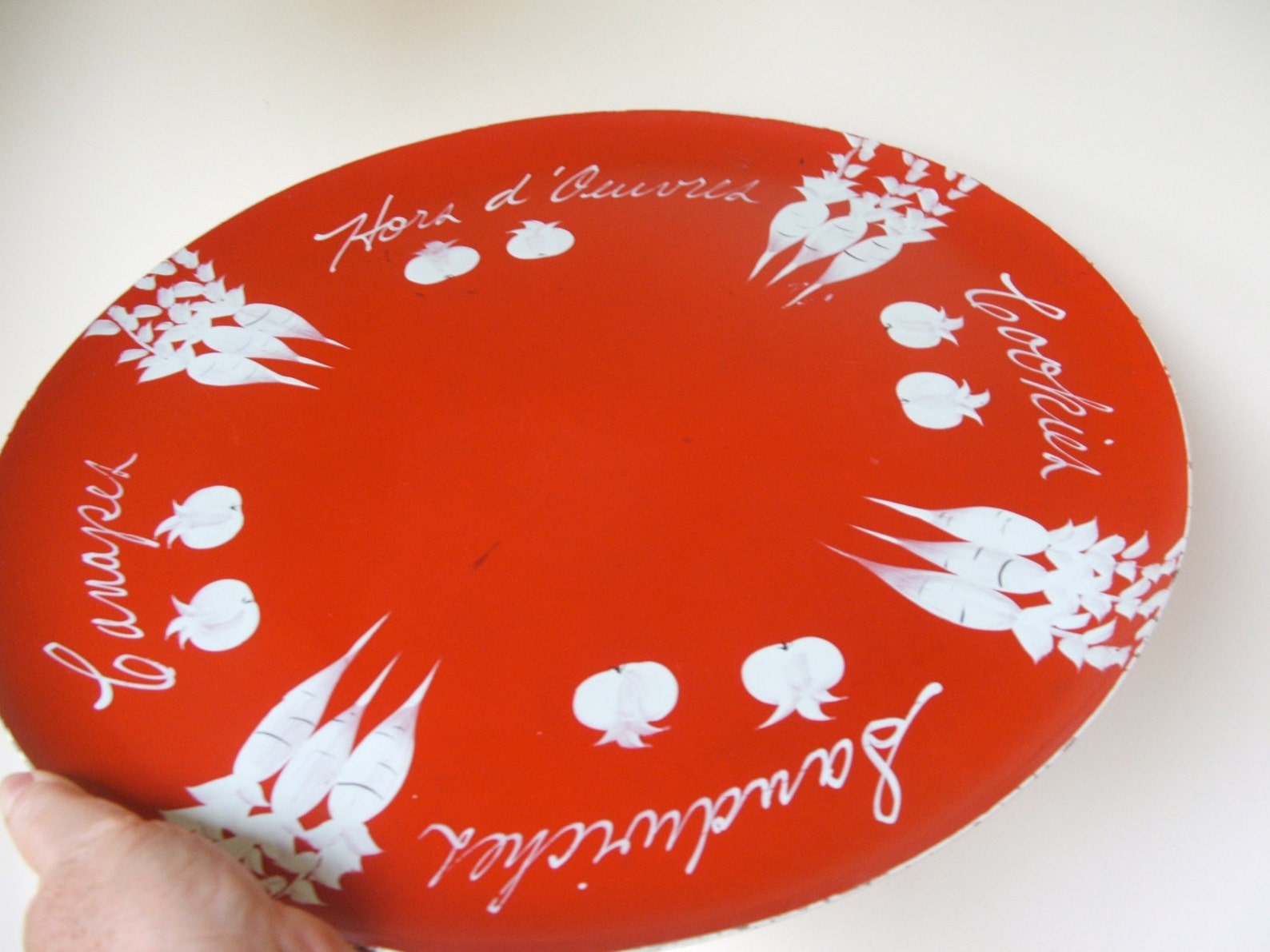 Large Round Serving Tray Red Painted Metal Vegetable Theme - Etsy