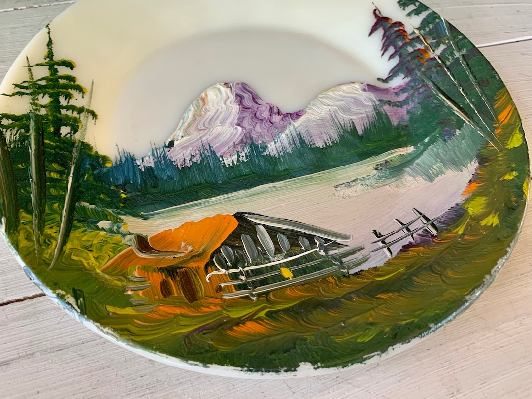 Vintage Hand Painted Fire King Plate ~ Cabin on a Mountain Lake - Etsy