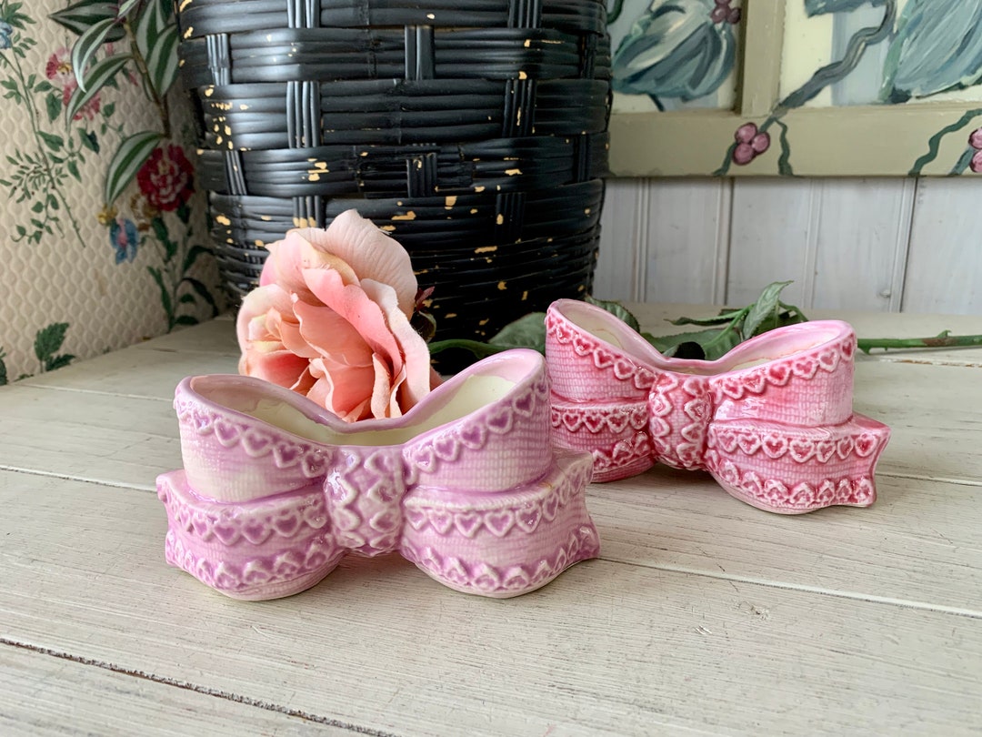 2 Vintage Ceramic Heart Ribbon Bow Planters 1 Pink 1 Lavender - Etsy