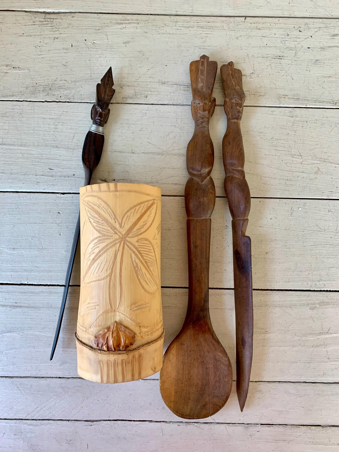 3 Vintage Tribal Hand Carved Wooden Utensils and Jamaican Souvenir ...