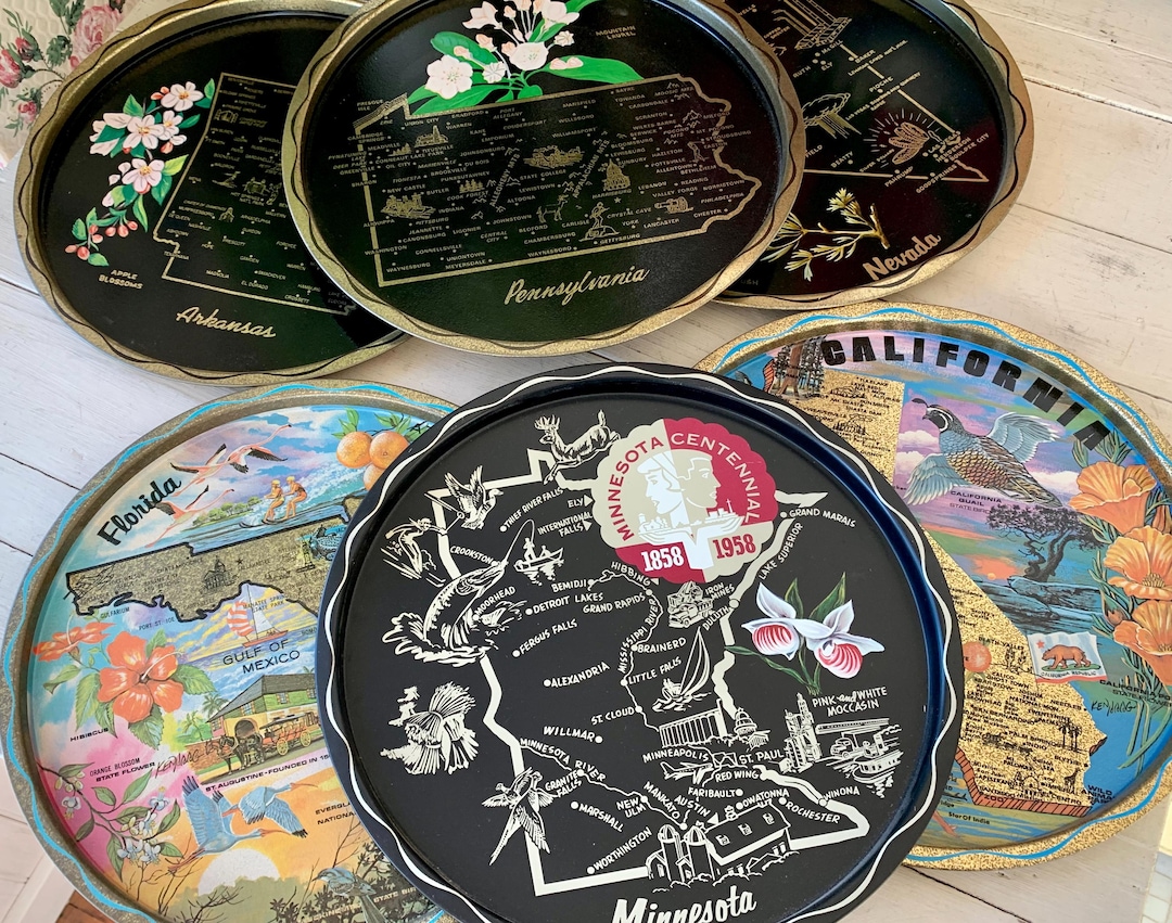 Choice of Vintage Souvenir U S State Metal Trays Arkansas California ...