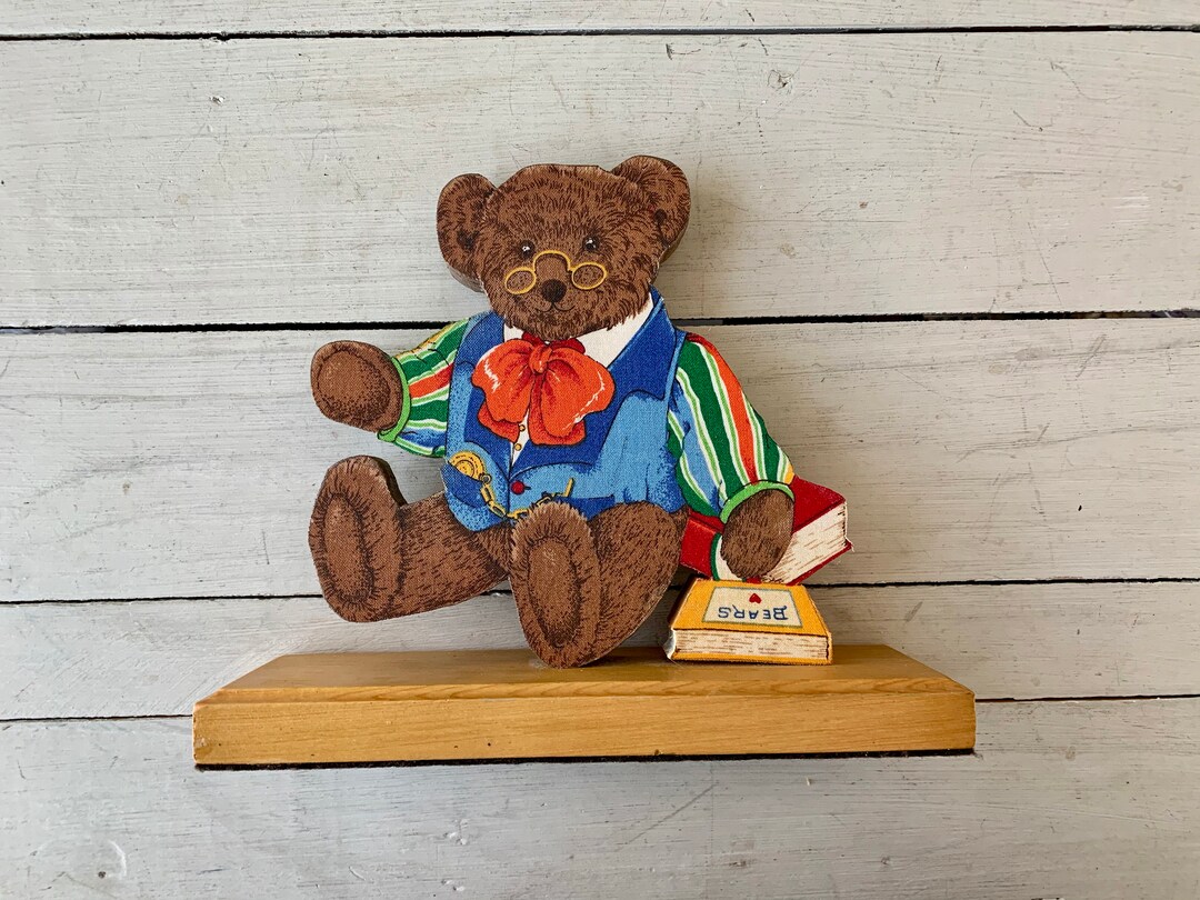 Reading Bear Shelf Decor Bookend Fabric Applique on Wood - Etsy