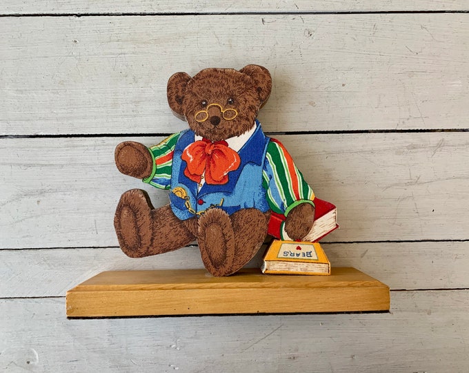 Reading Bear Shelf Decor Bookend Fabric Applique on Wood - Etsy