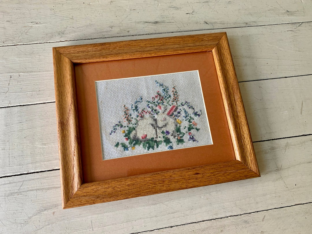 Vintage Rabbit and Flowers Cross Stitch Embroidered Picture ~ Matted ...